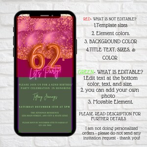 Digital 62nd Birthday Party Invitation, Electronic Purple Gold Balloons ...