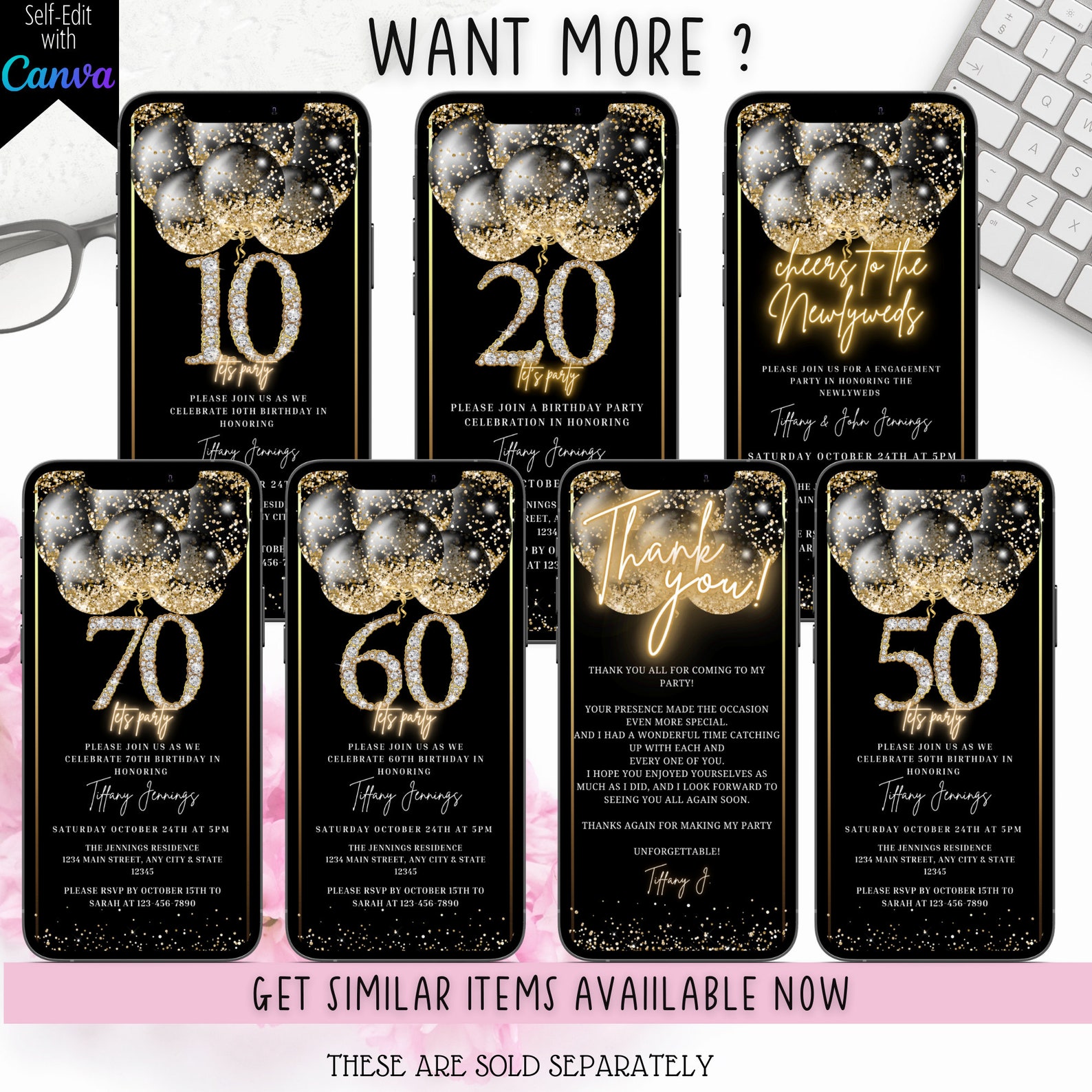 30th Digital Birthday Invitation, Electronic Black Gold Diamond 30th ...
