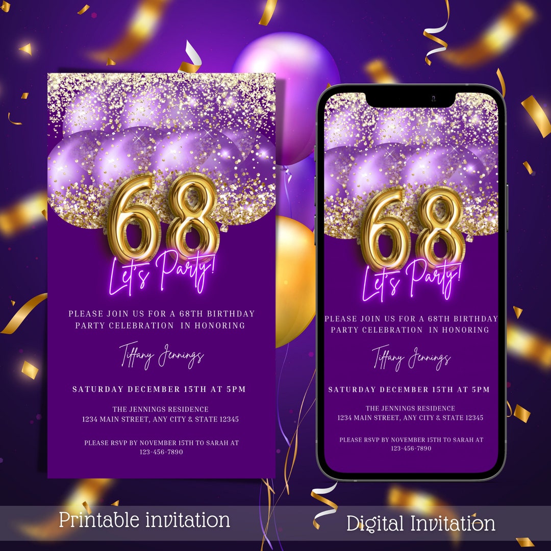 Digital 68th Birthday Party Invitation, Electronic 68th Purple Gold ...