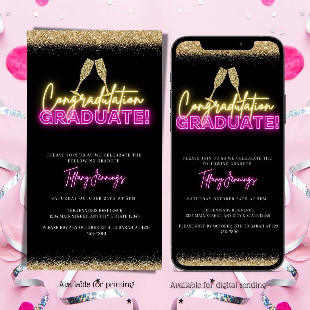 Electronic Neon Pink Gold Class of 2023 Graduation Party Invitation ...