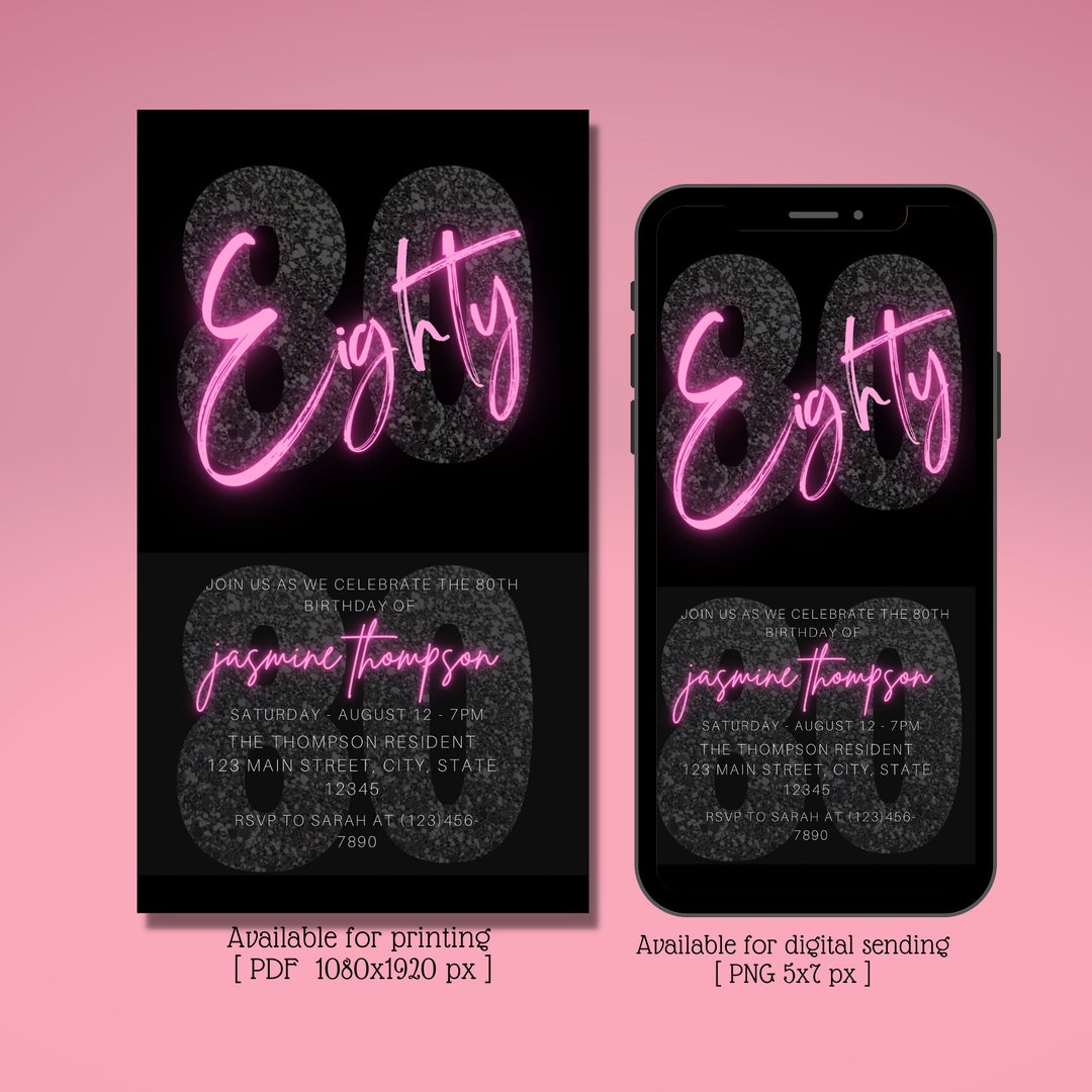 Digital Pink Neon 80th Birthday Invitation, Glitter, Electronic ...