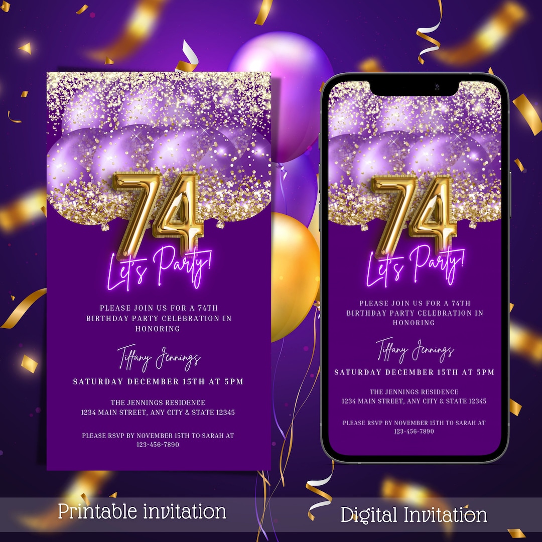 Digital 74th Birthday Party Invitation, Electronic 74th Birthday Purple ...