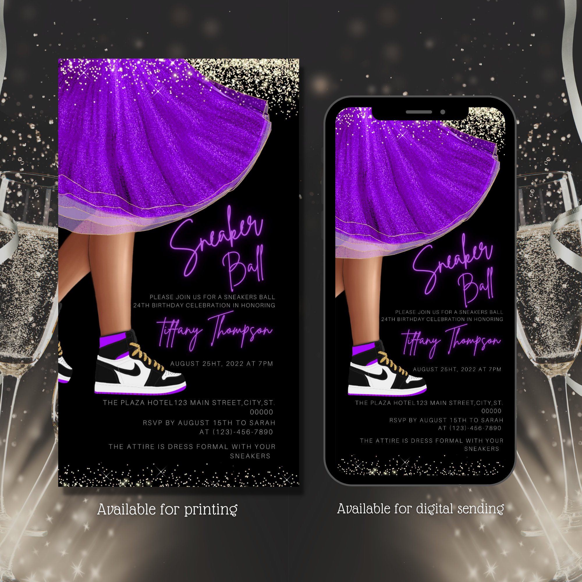 Digital Sneaker Ball Party Invitation, Birthday Invite, Sneaker Gala Invite, Purple, Any ...