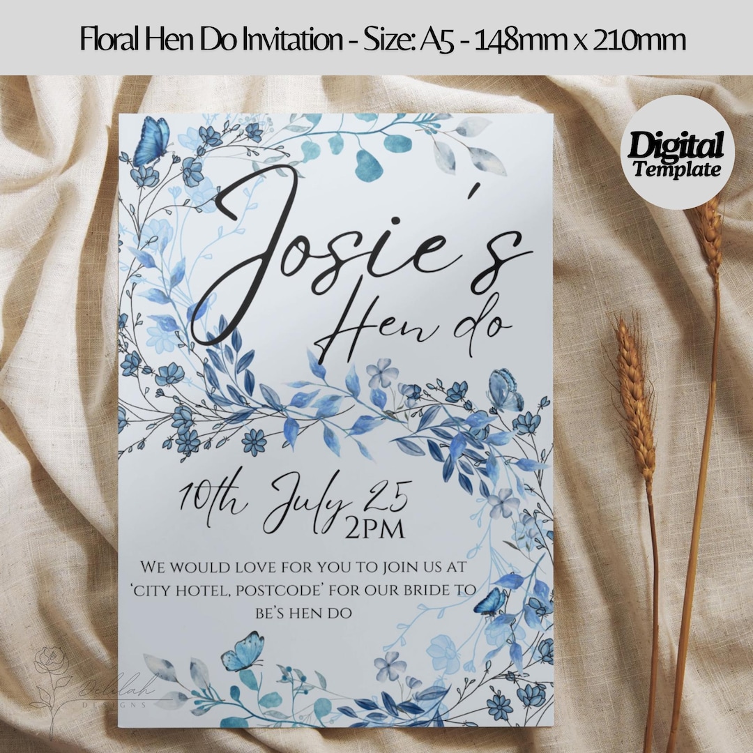 Hen Do Digital Invitation Template | Blue Floral Editable Hen Party ...