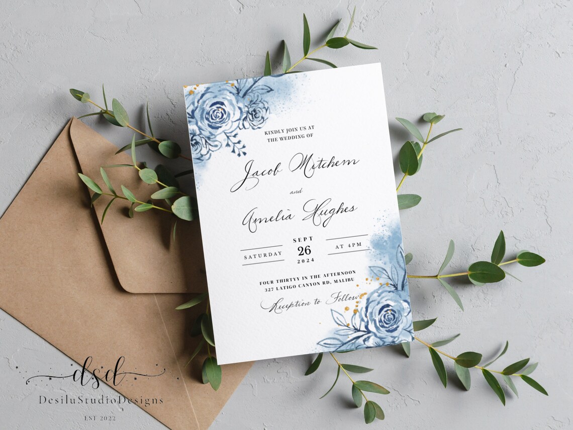 Watercolor Light Blue Wedding Invitation Template QR Code - Etsy