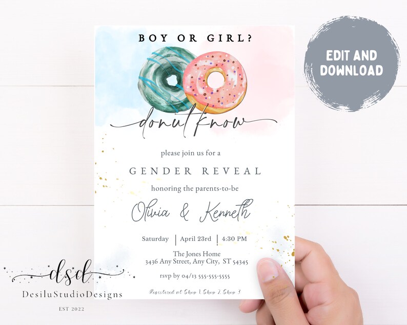 Gender Reveal Donut Editable Baby Shower Pink Blue Invitation - Etsy