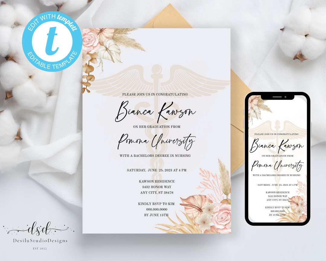 Floral Nursing Graduation Invitation, Boho RN Invite (editable Template ...
