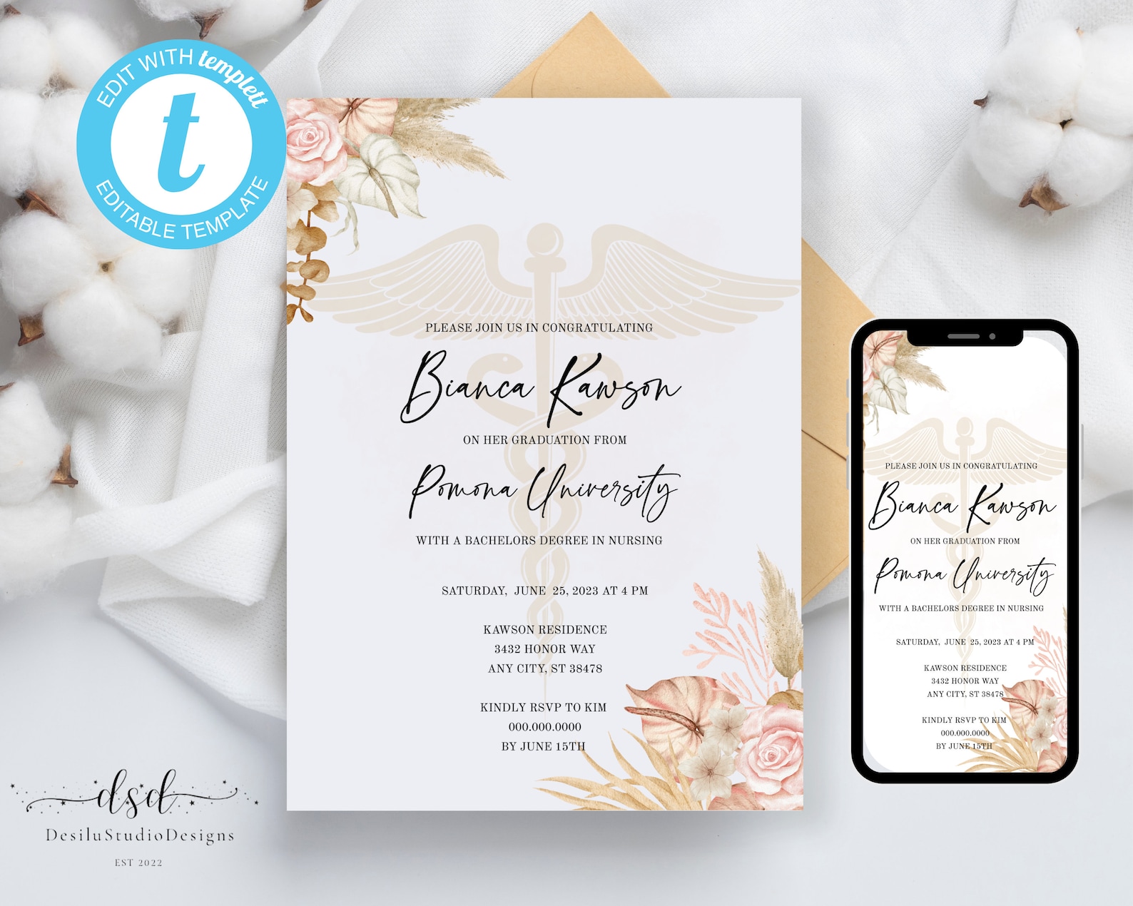 Floral Nursing Graduation Invitation, Boho RN Invite (editable Template ...