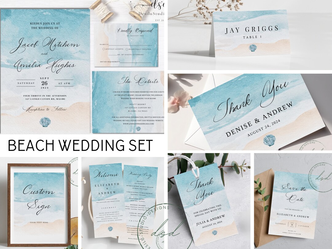 Beach Wedding Invitation Template Set, Coastal, Invitation RSVP Details ...