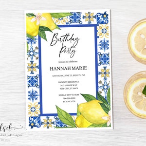 Editable Mediterranean Birthday Invitation, Tiles Blue Lemon Birthday ...
