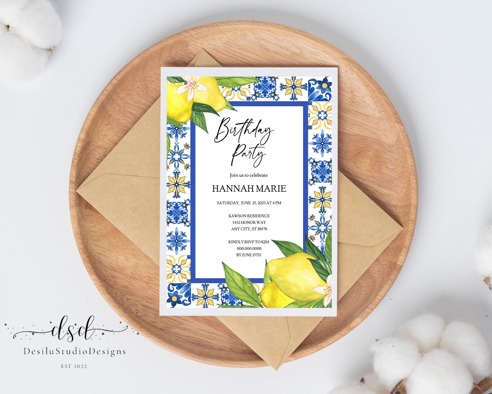 Editable Mediterranean Birthday Invitation Tiles Blue Lemon - Etsy