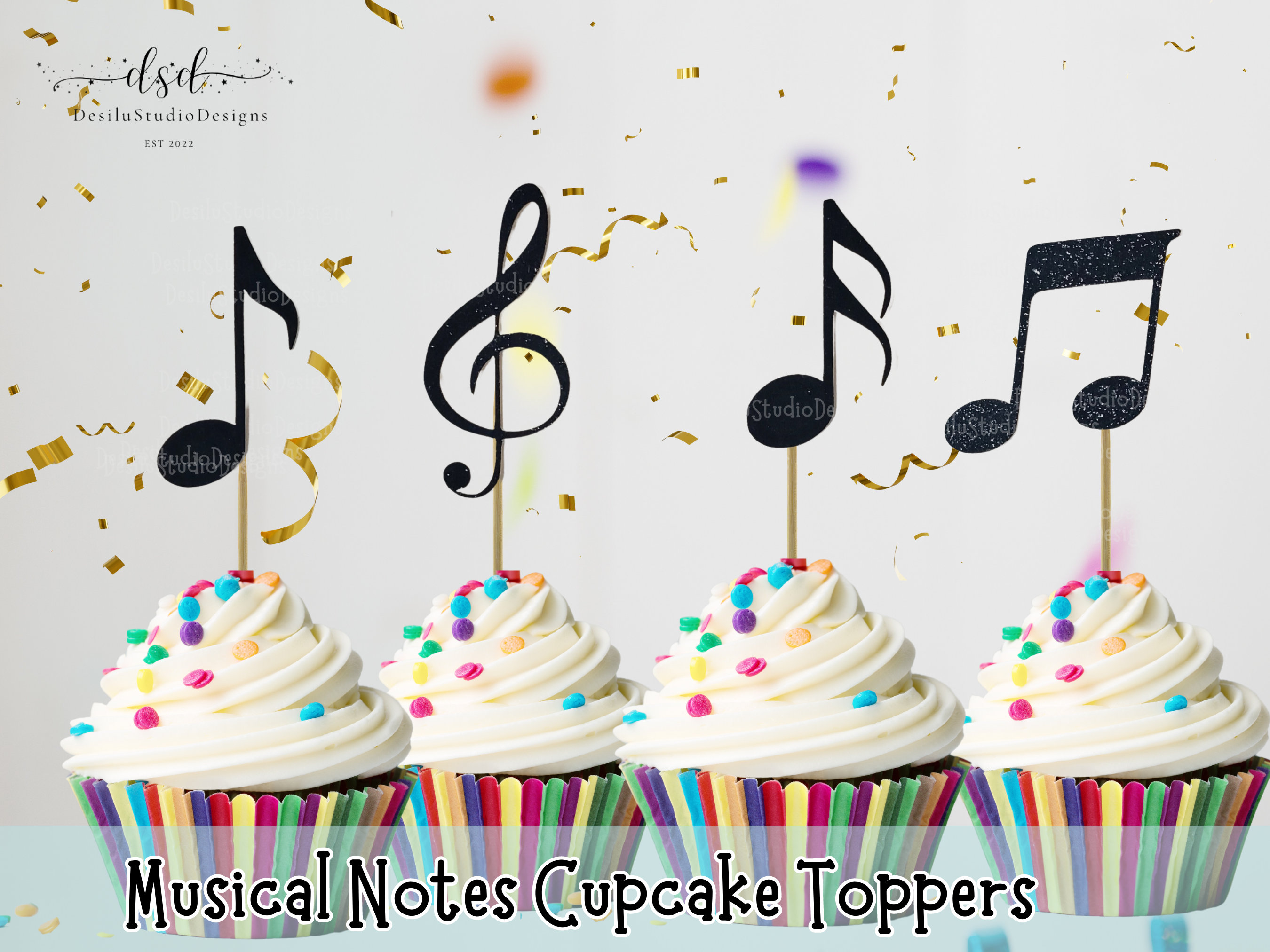 Musical Notes Cupcake Toppers, Music Notes Glitter Toppers, Black Music ...