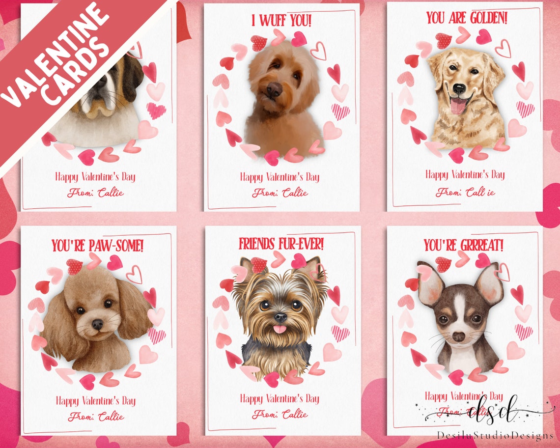 EDITABLE Dog Valentine Cards Watercolor Doggies Valentine - Etsy