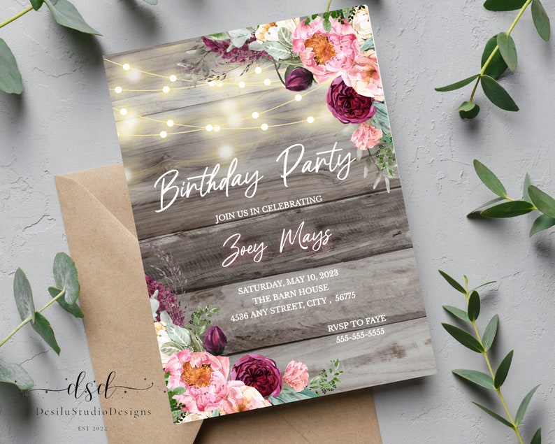 Boho Birthday Party Invitation Wood String Lights Floral - Etsy