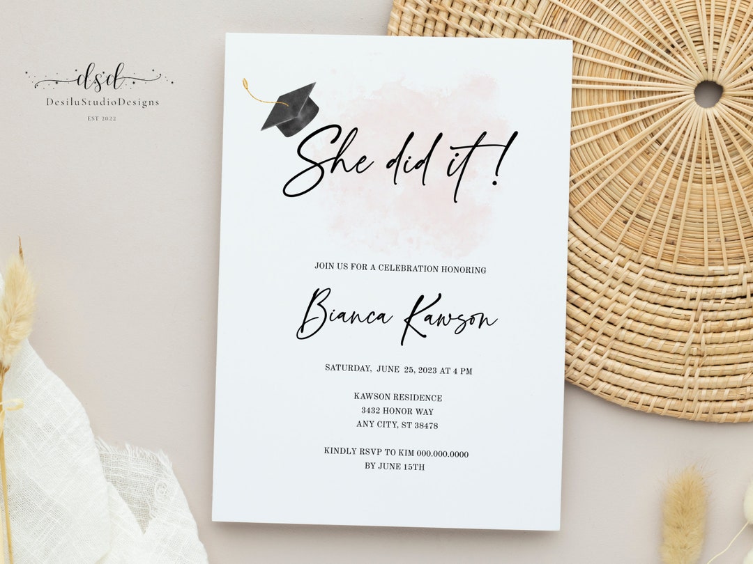 Editable She Did It! Graduation Invitation Template, Printable ...