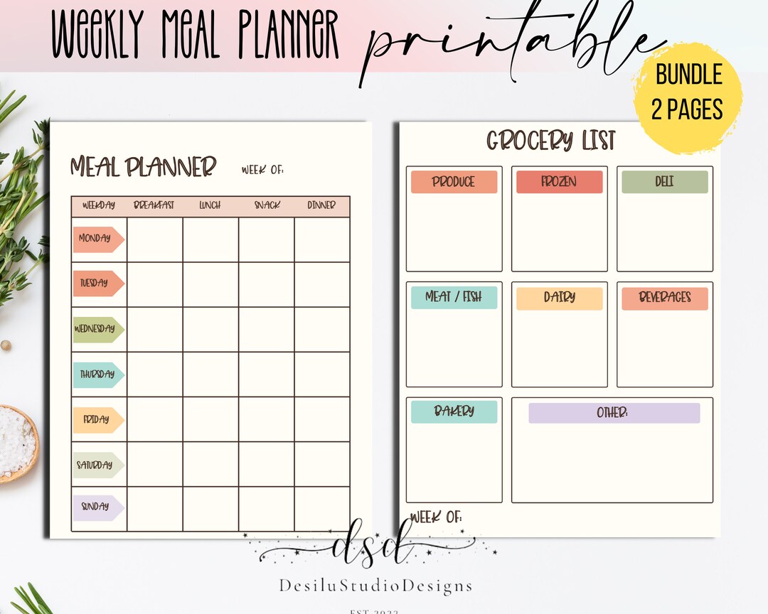 Rainbow Boho Weekly Meal Planner | Printable Planner | Grocery, Food ...