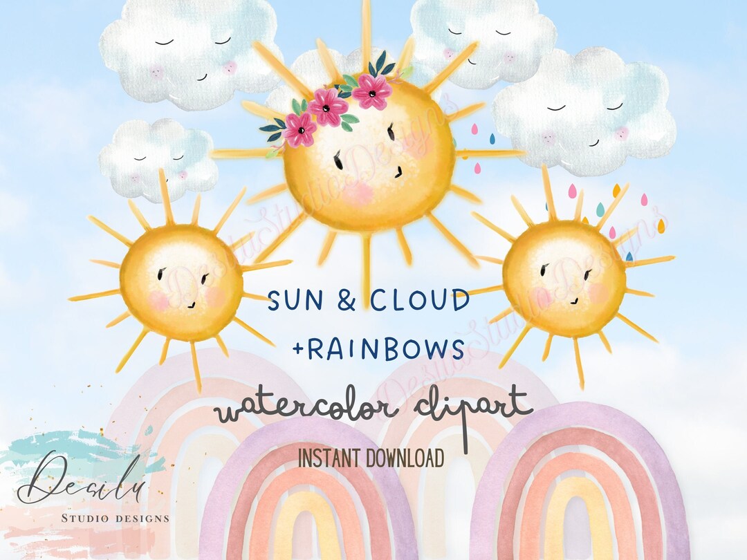 Rainbow Clipart Watercolor Rainbow Cute Shining Sun Smiling - Etsy