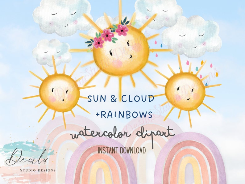 Rainbow Clipart, Watercolor Rainbow, Cute Shining Sun, Smiling Clouds ...