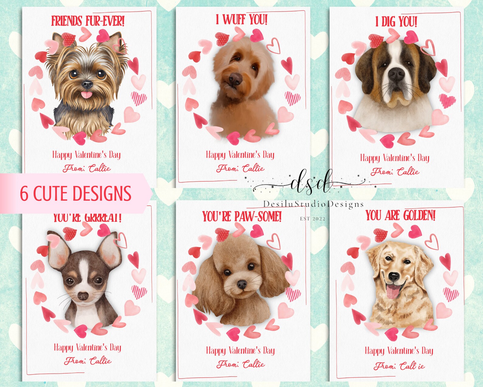EDITABLE Dog Valentine Cards Watercolor Doggies Valentine - Etsy