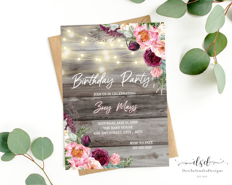 Boho Birthday Party Invitation Wood String Lights Floral - Etsy