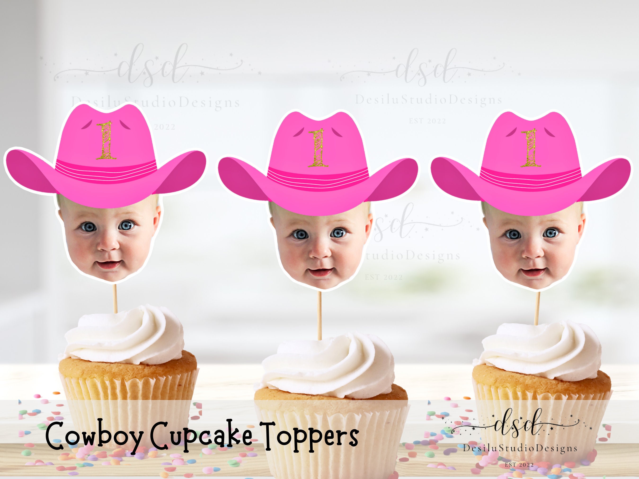 Rodeo Cupcake Topper Custom Face Photo Pink Cowboy Cupcake Toppers ...