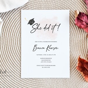 Editable She Did It! Graduation Invitation Template, Printable ...