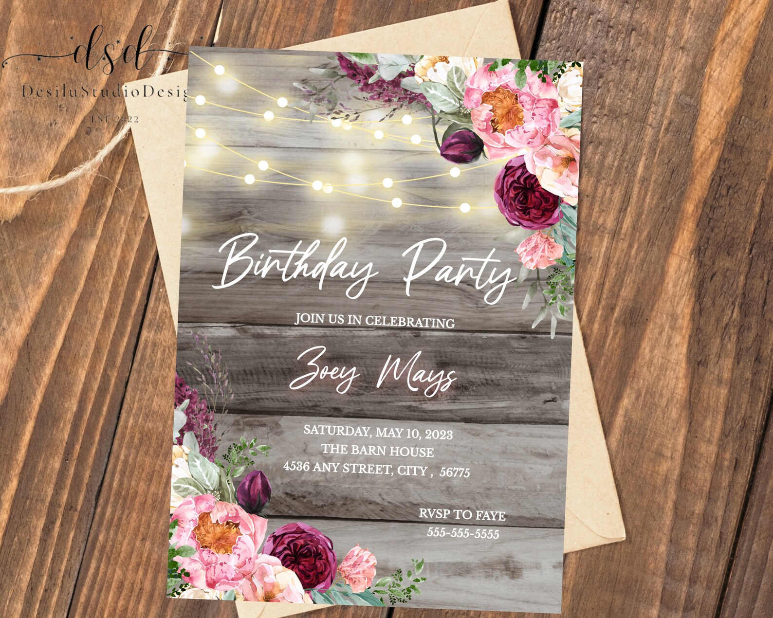 Boho Birthday Party Invitation Wood String Lights Floral - Etsy