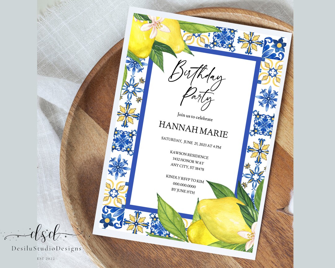 Editable Mediterranean Birthday Invitation, Tiles Blue Lemon Birthday ...