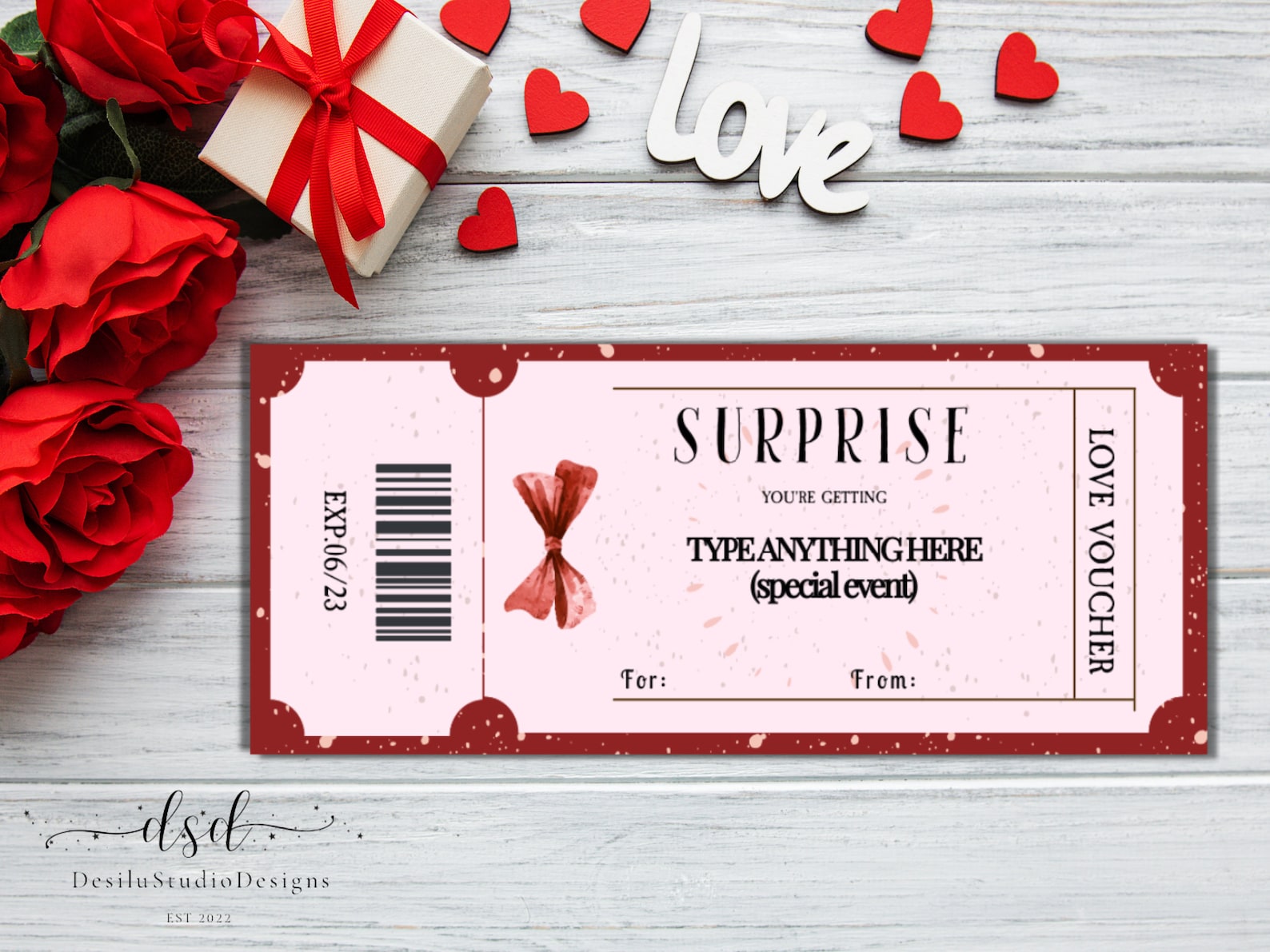 Editable Valentine Day Love Voucher, Love Coupon Red and Pink Template ...