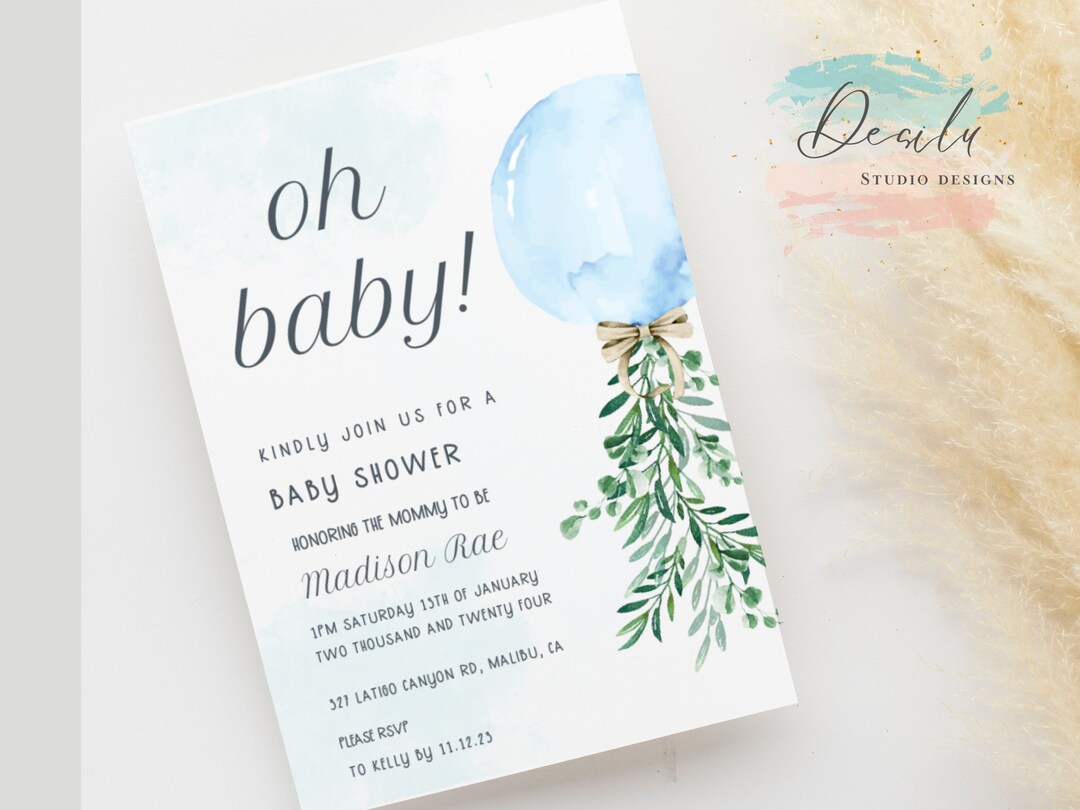 Blue Baby Shower Invitation Template, Editable Oh Baby Blue Watercolor ...