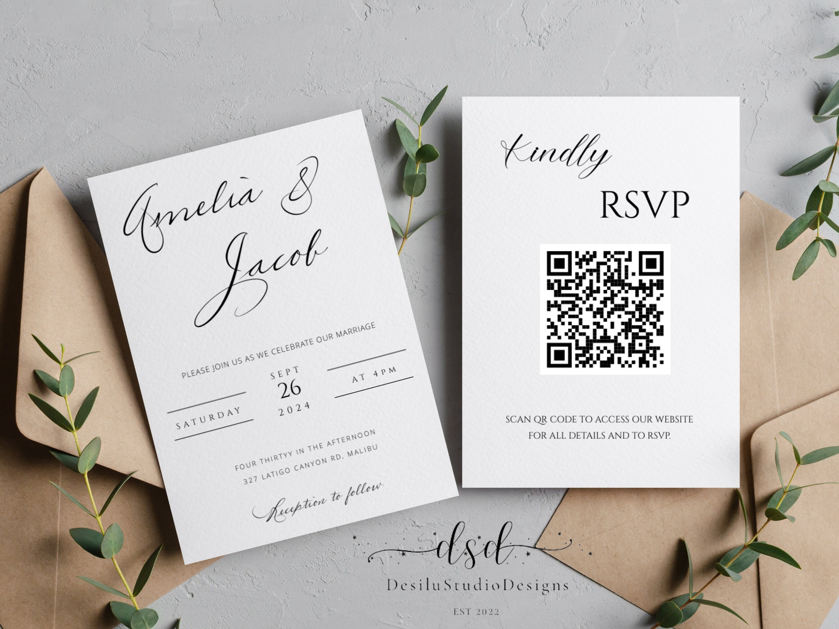 Wedding Invitation Template, Simple Upload Your QR Code, Double Sided ...