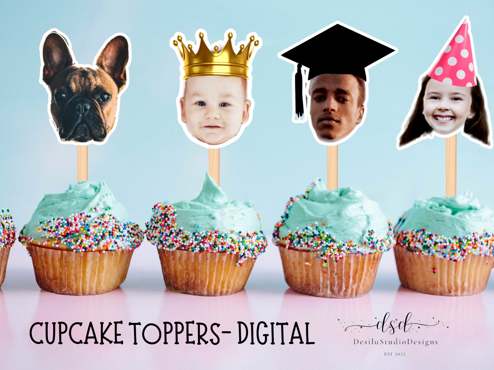 Cupcake Toppers, Face Cupcakes, Birthday Hat, Any Hat DIY Cupcake Face ...