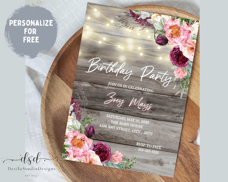 Boho Birthday Party Invitation Wood String Lights Floral - Etsy