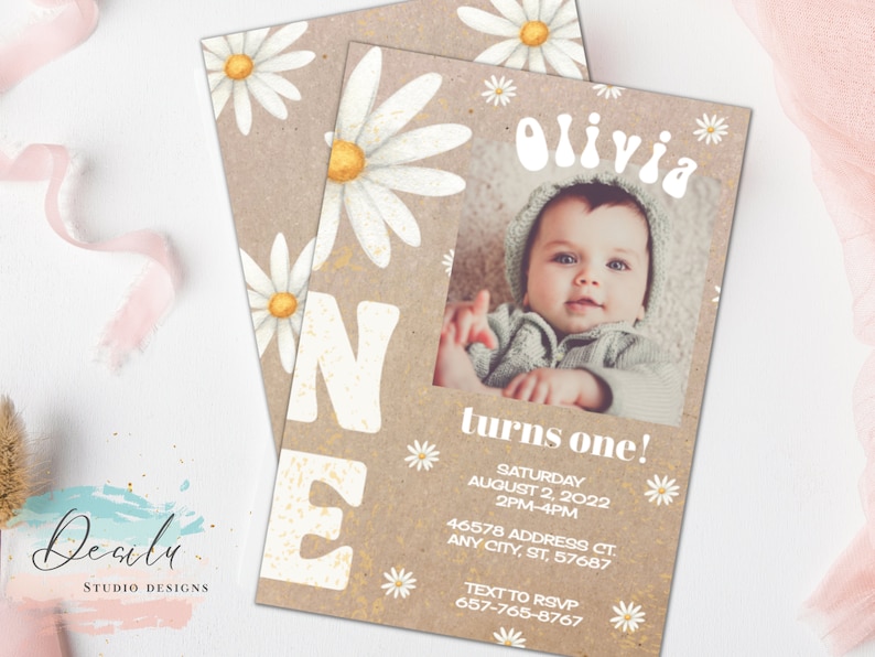 Daisy First Birthday Invitation, Retro Daisy ONE Birthday Invitation ...