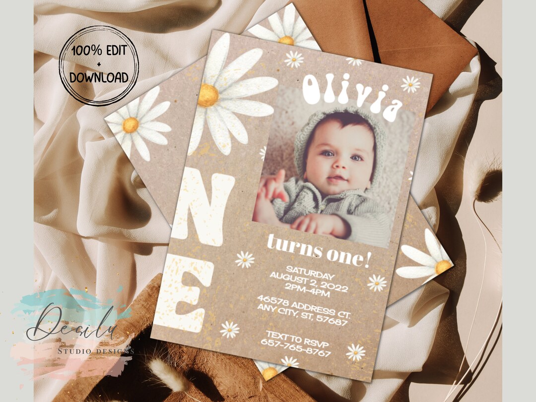Daisy First Birthday Invitation, Retro Daisy ONE Birthday Invitation ...