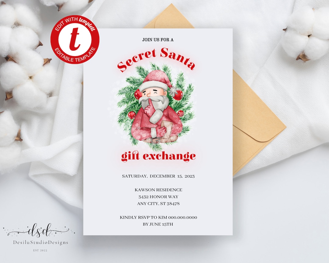 Secret Santa Invitation Template, Christmas Gift Exchange Invitation ...