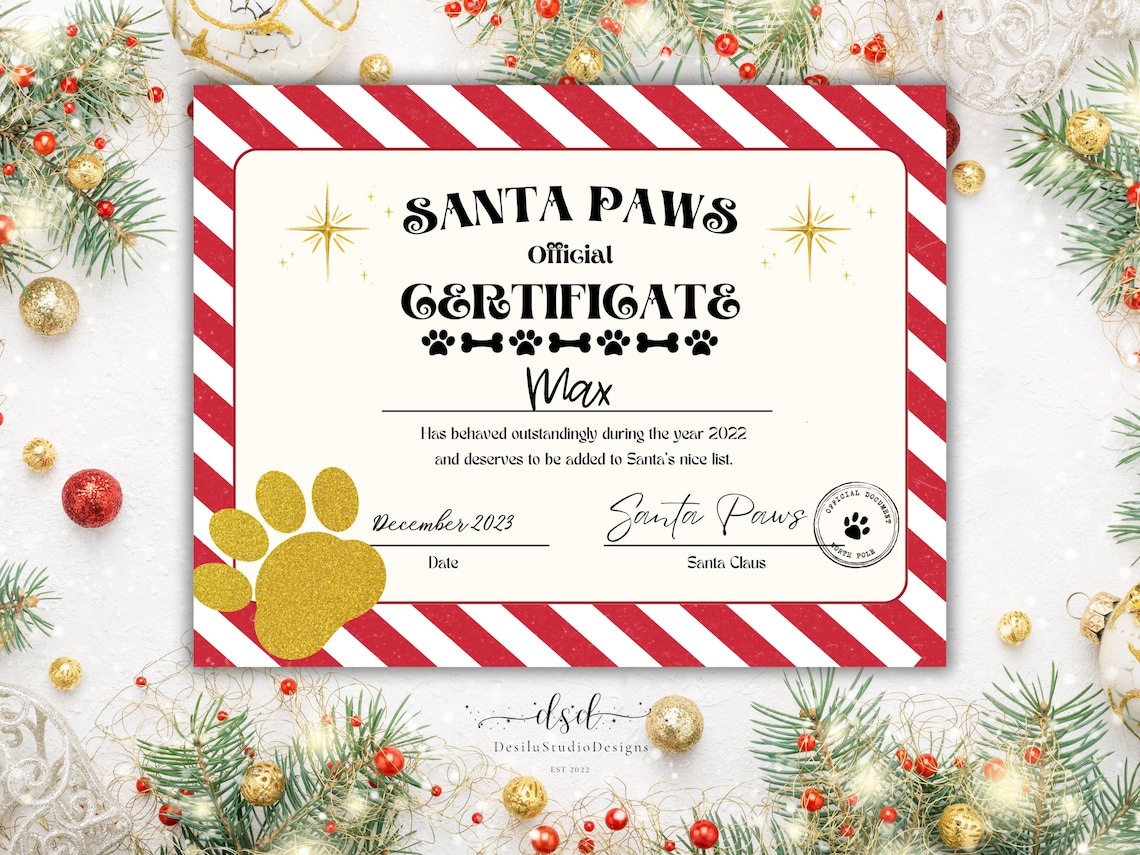 Santa Paws Christmas Print, Santa Paws Nice List Certificate, Dog ...