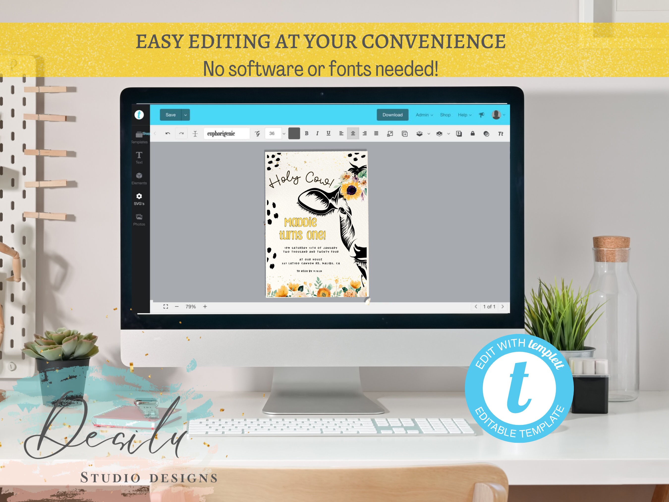 Holy Cow Party Birthday Invitation Template, Cow One Invitation Party ...