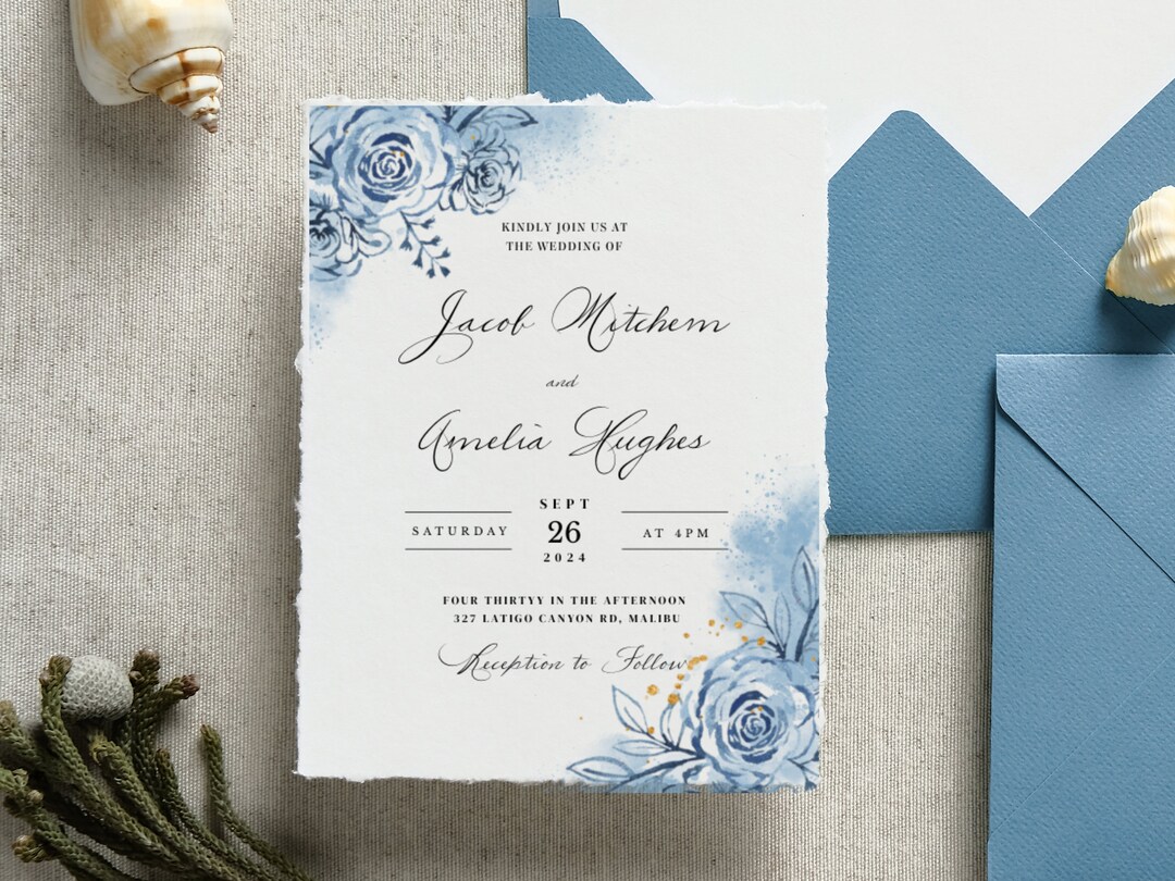 Watercolor Light Blue Wedding Invitation Template, QR Code, Double ...
