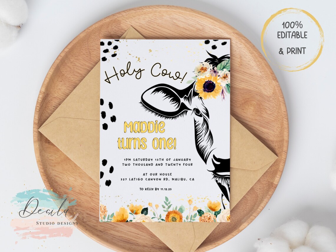 Holy Cow Party Birthday Invitation Template Cow One - Etsy