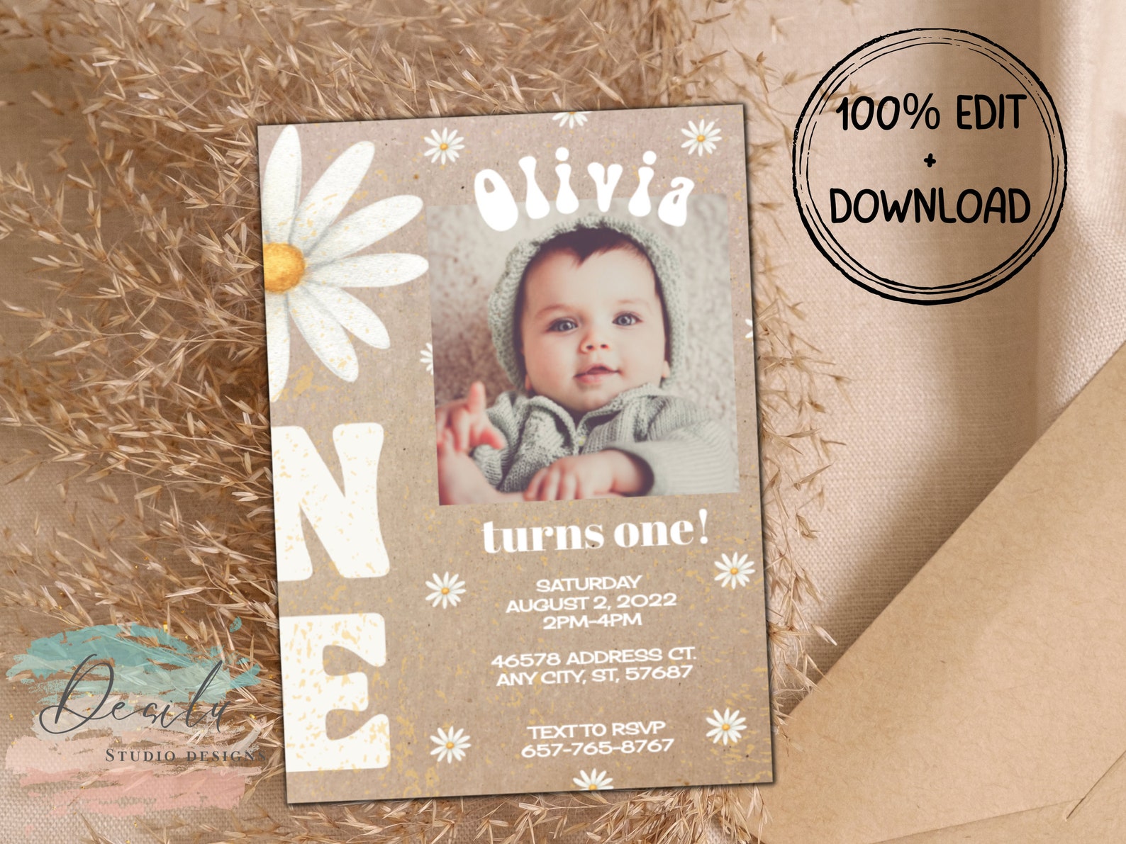 Daisy First Birthday Invitation, Retro Daisy ONE Birthday Invitation ...