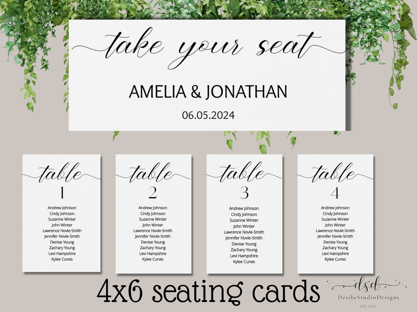 Wedding Seat Chart Cards Editable Template, Modern Calligraphy Style ...