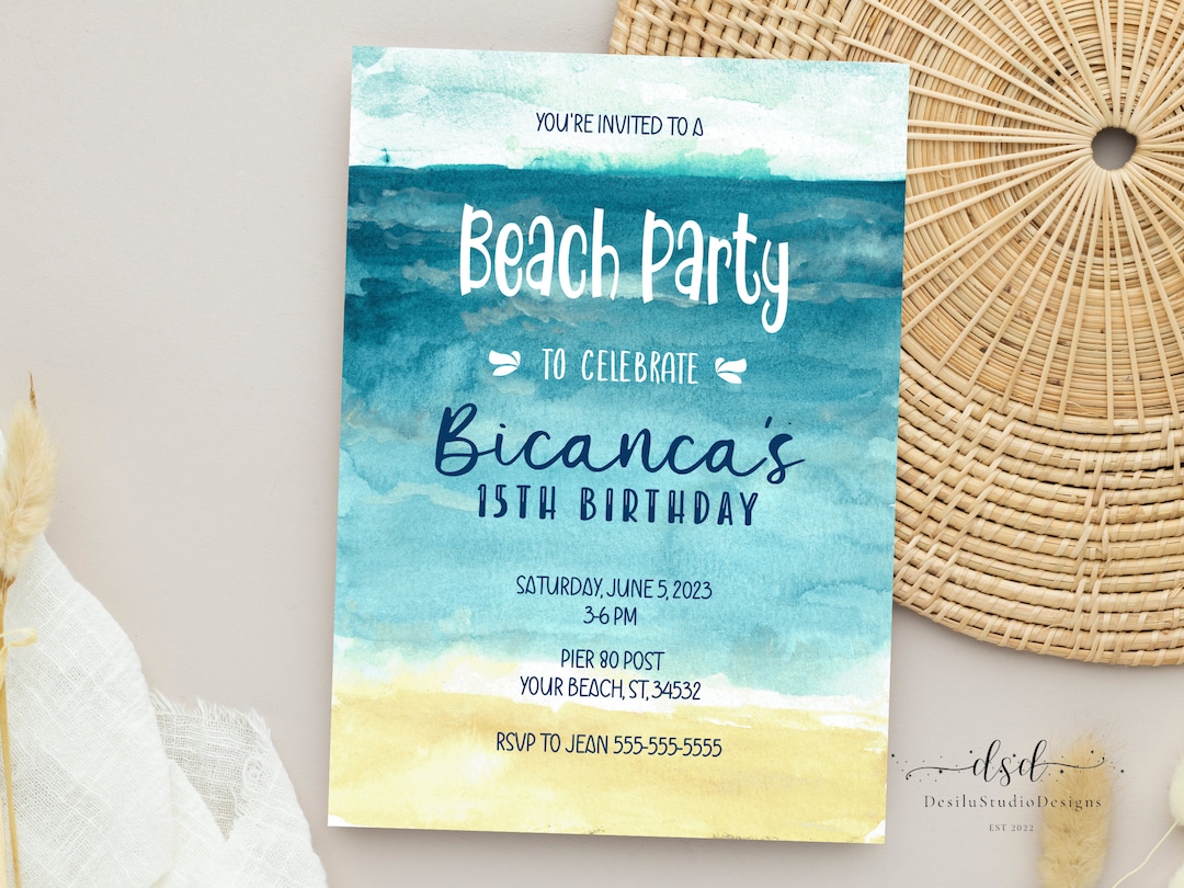 Editable Beach Party Birthday Invitation Watercolor Beach Theme Invite ...