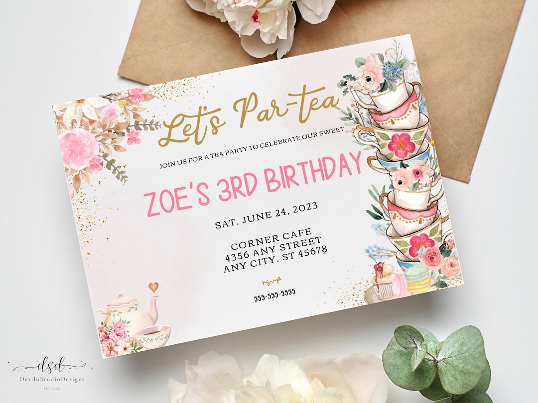 Tea Party Birthday Editable Invitation Watercolor Tea Cups Special ...