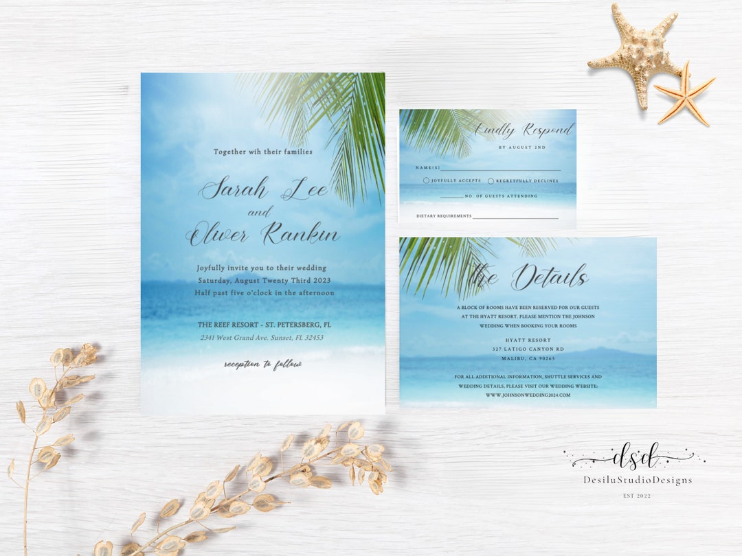 Beach Wedding Invitation Template Set, Ocean, Coastal, Invitation RSVP ...