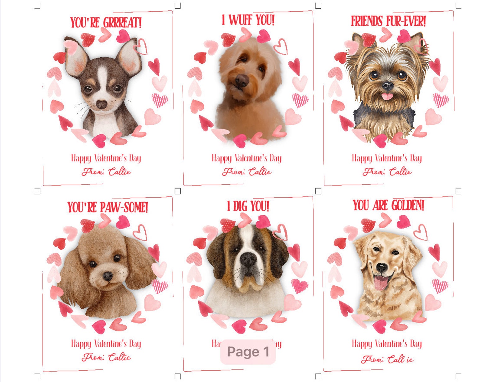 EDITABLE Dog Valentine Cards Watercolor Doggies Valentine - Etsy