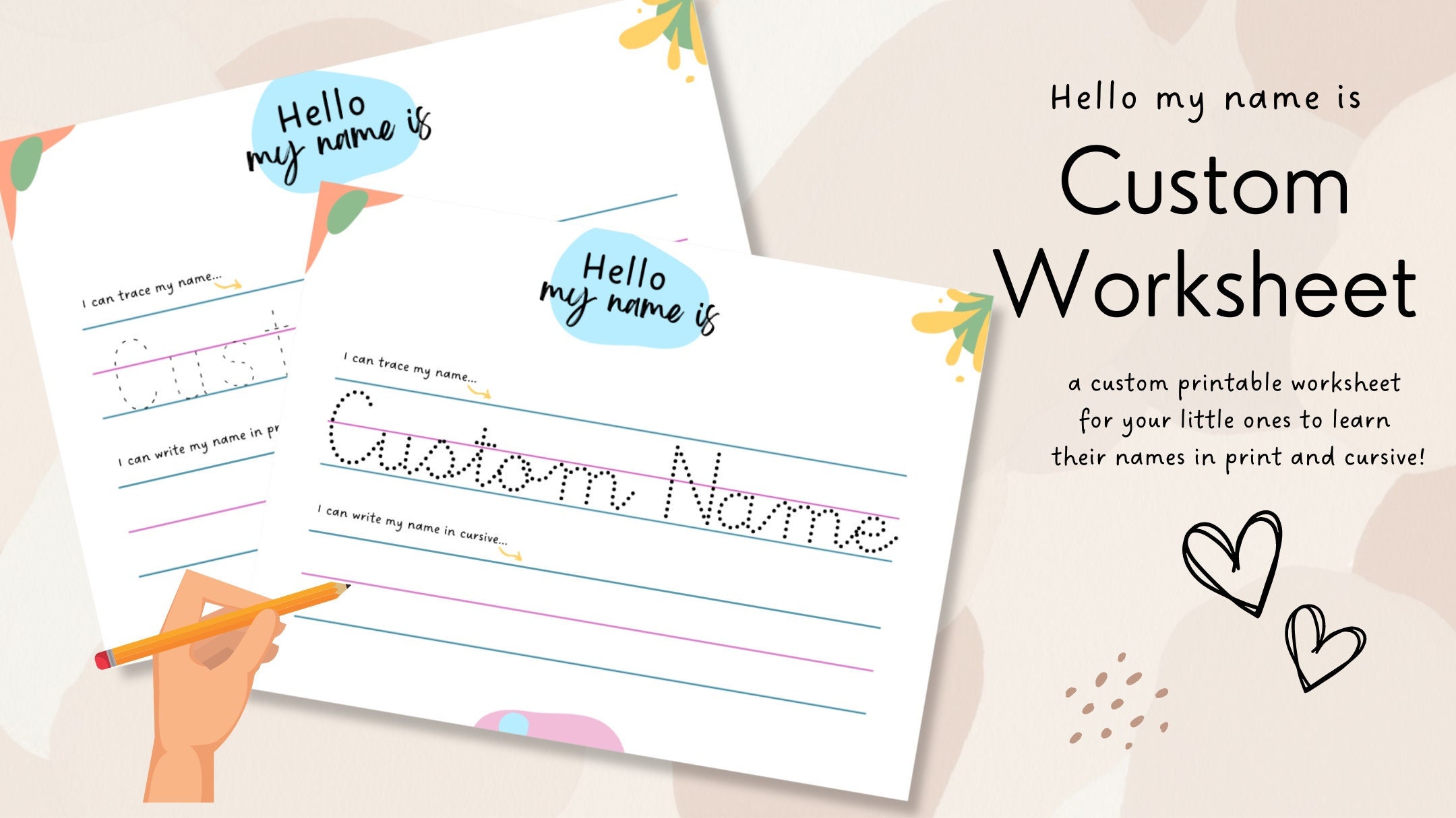 Hello My Name is Custom Name Trace Worksheet, Kids Print and Cursive ...