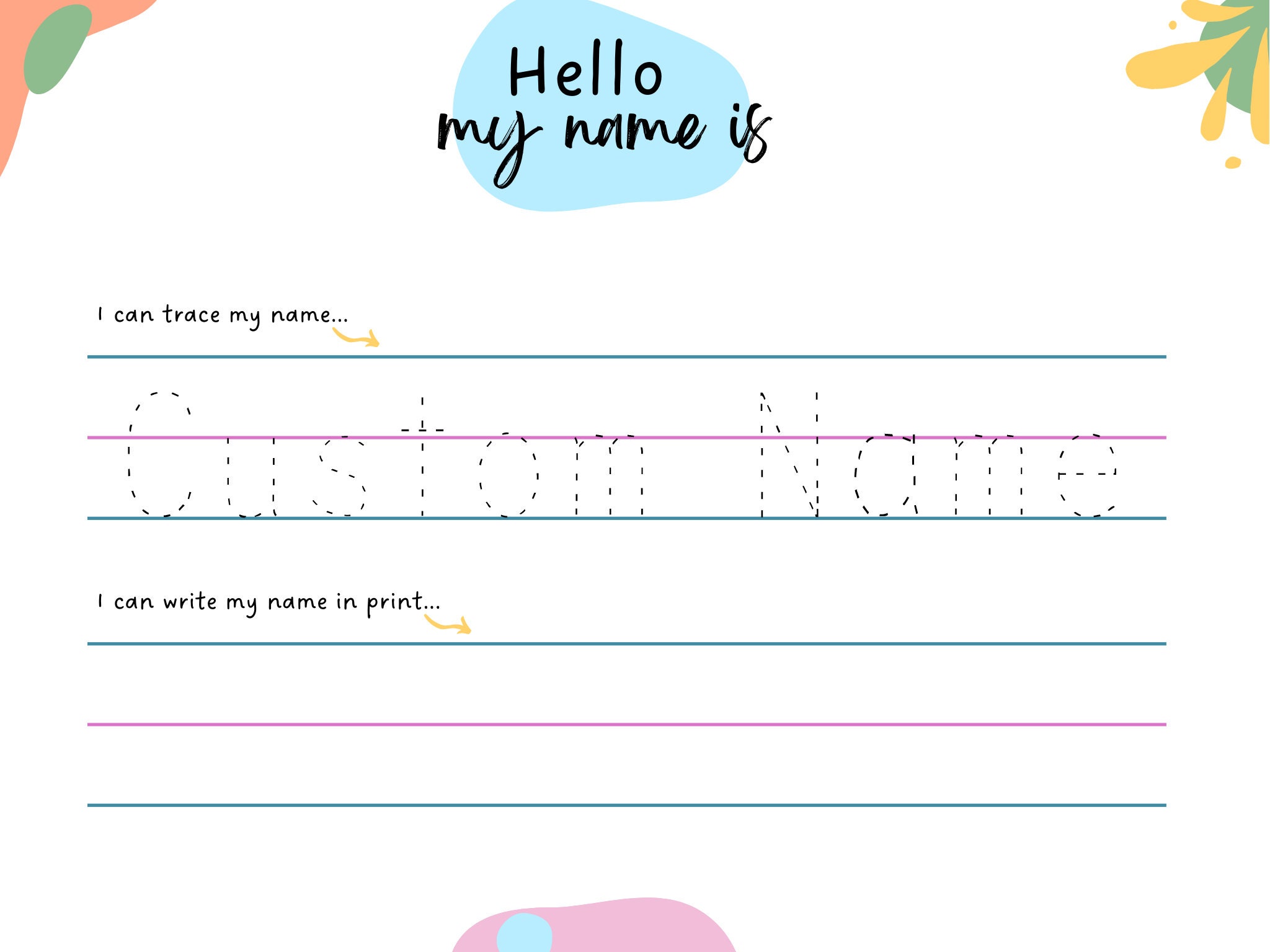 Hello My Name is Custom Name Trace Worksheet, Kids Print and Cursive ...