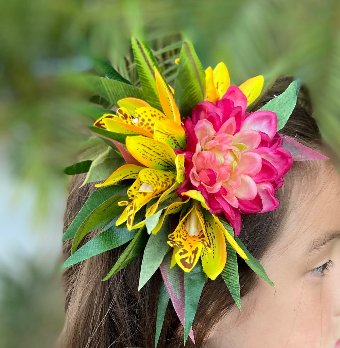 Hawaiian Hair Clip Tahitian Costume Hair Adornment Dahlia & Golden ...