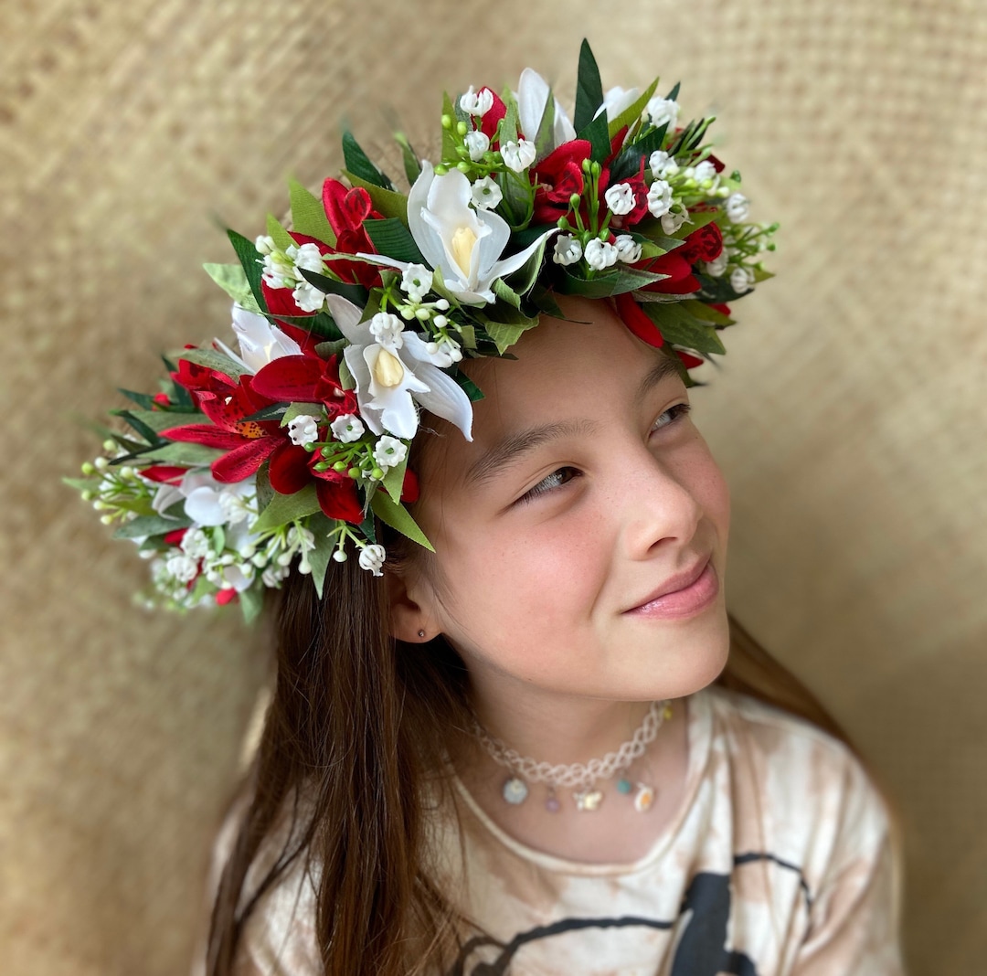 Royal Hawaiian Flower Crown: Silk Orchid Lei Po'o, Tropical Ti Leaf - Etsy